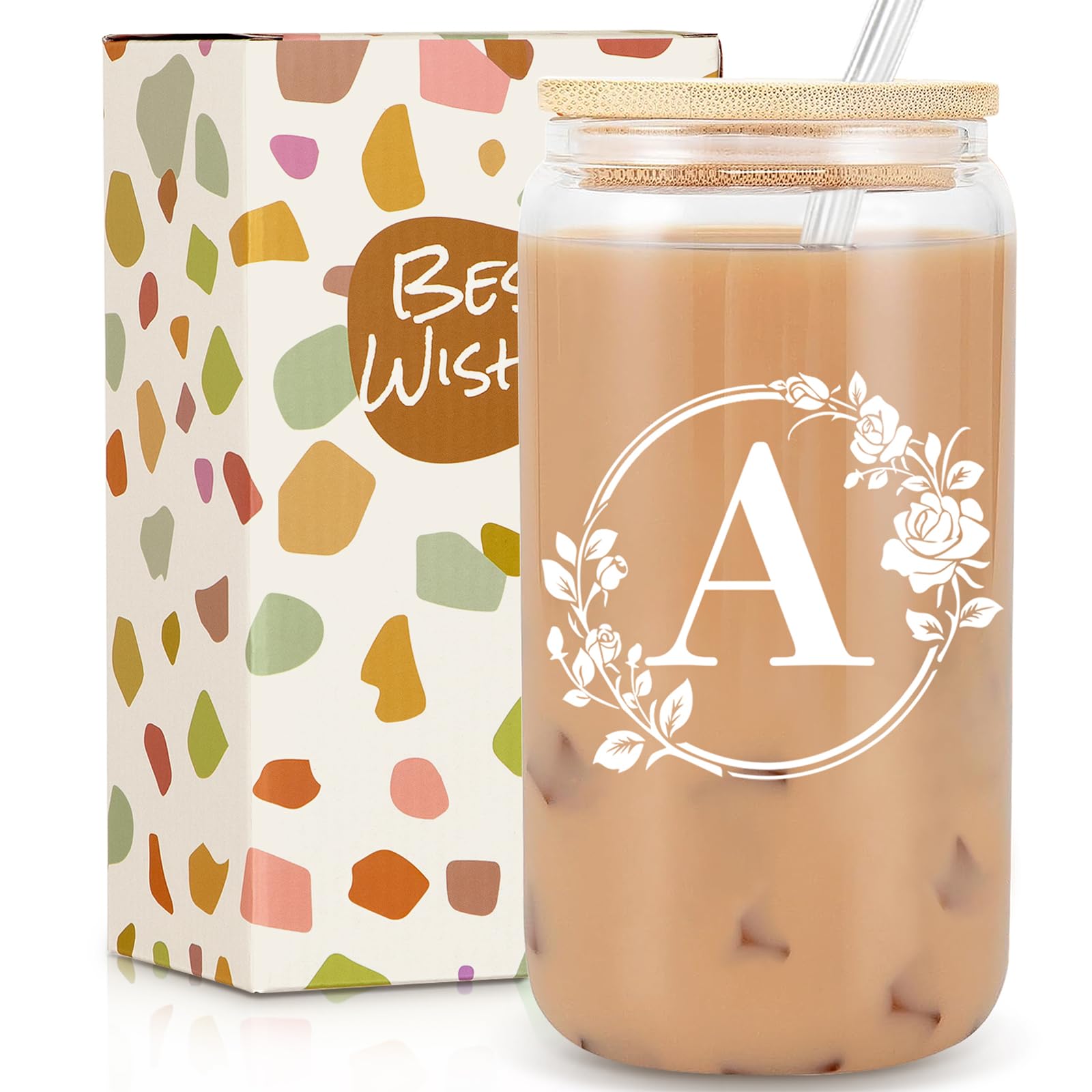 Birthday Gifts for Women, Monogrammed Initial Glass Cup Personalized Gifts for Women, 16oz Glass Cups with Lids and Straws, Iced Coffee Cup, Beer Can Shaped Glass - Personalized Christmas Gifts A