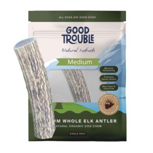 good trouble pets premium elk antlers for medium dogs - all-natural, shed antler chews for dental health & calming - durable dog bones for aggressive chewers - cruelty-free, north american sourced