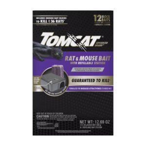 tomcat advanced brand rat & mouse bait with refillable station, indoor and outdoor use, 1 station and 12 poison block refills