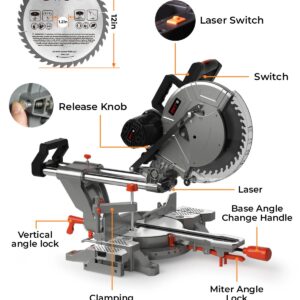 DWT Sliding Miter Saw, 12-inch Compound Miter Saw with Double Bevel Cutting(-45°/0°/+45°)/Laser Guide/9 Positive Stops/3800RPM, 15Amp Miter Saw with Extension Table, 4.2x13in Cutting Capacity-HM1247A