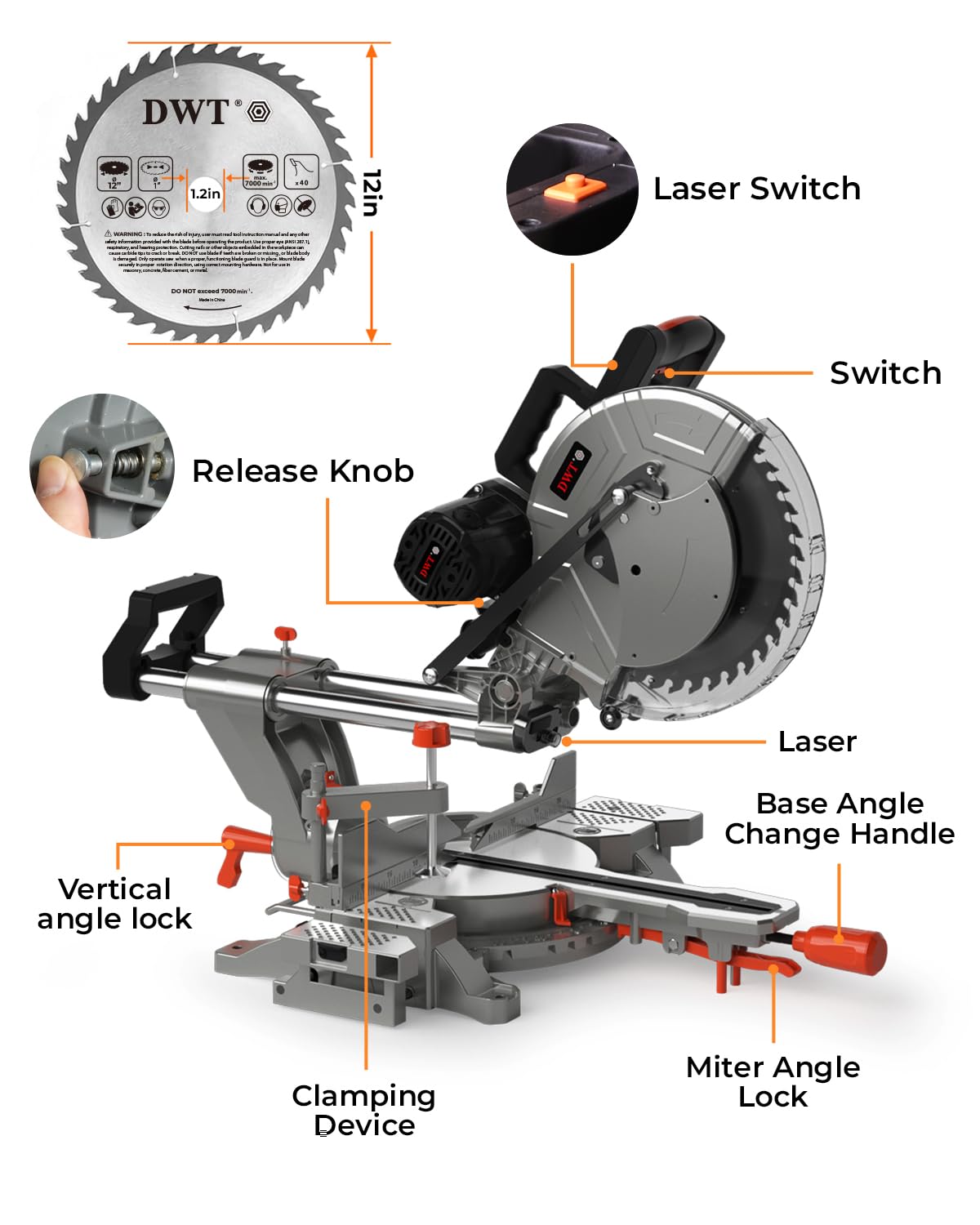 DWT Sliding Miter Saw, 12-inch Compound Miter Saw with Double Bevel Cutting(-45°/0°/+45°)/Laser Guide/9 Positive Stops/3800RPM, 15Amp Miter Saw with Extension Table, 4.2x13in Cutting Capacity-HM1247A