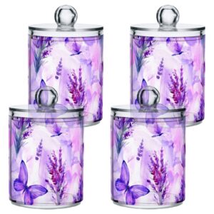 ALAZA 2 Pack Qtip Holder Dispenser for Cotton Ball Lavender Purple Wisteria Flower Cotton Swab Cotton Round Pads Clear Plastic Acrylic Jar Set Bathroom Canister