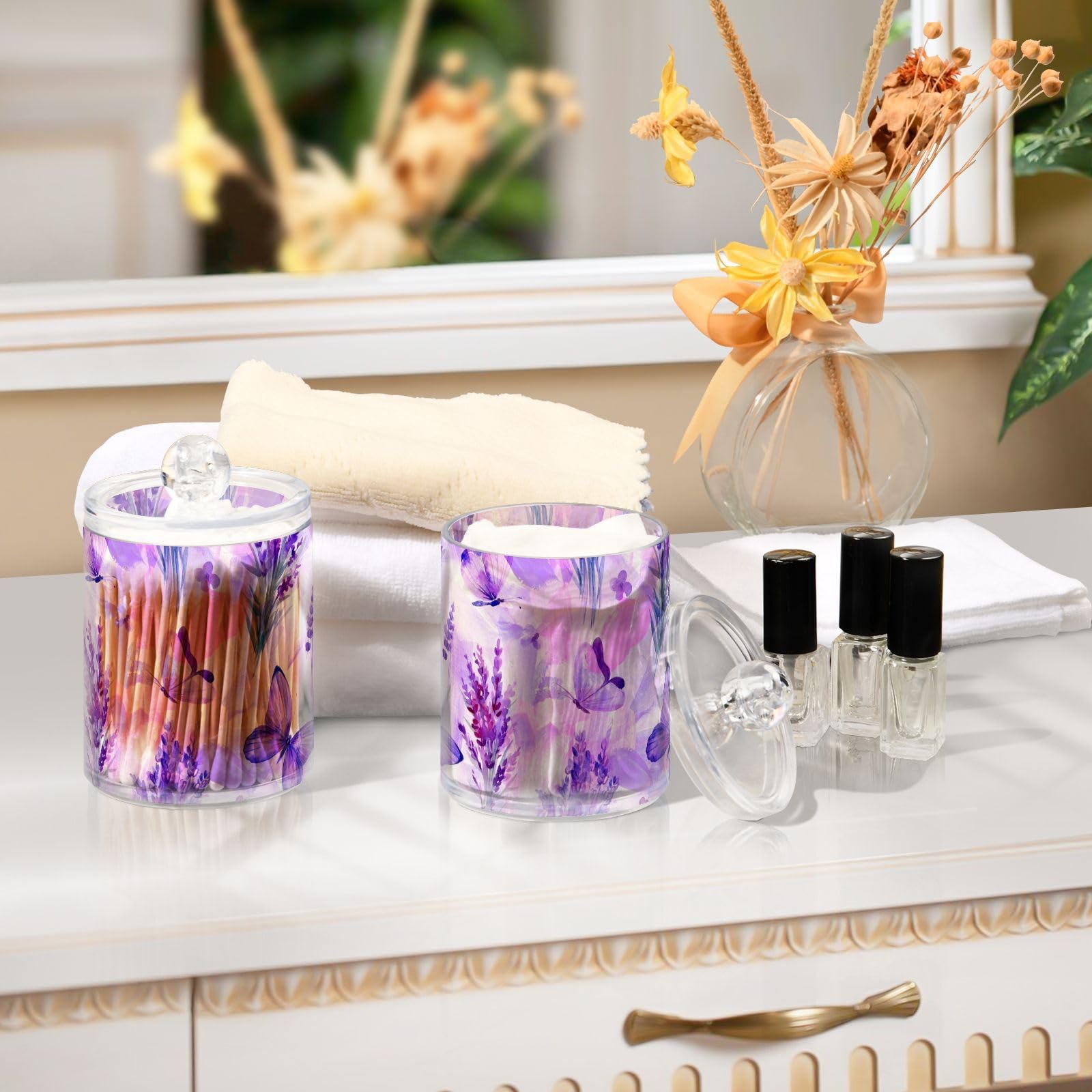 ALAZA 2 Pack Qtip Holder Dispenser for Cotton Ball Lavender Purple Wisteria Flower Cotton Swab Cotton Round Pads Clear Plastic Acrylic Jar Set Bathroom Canister