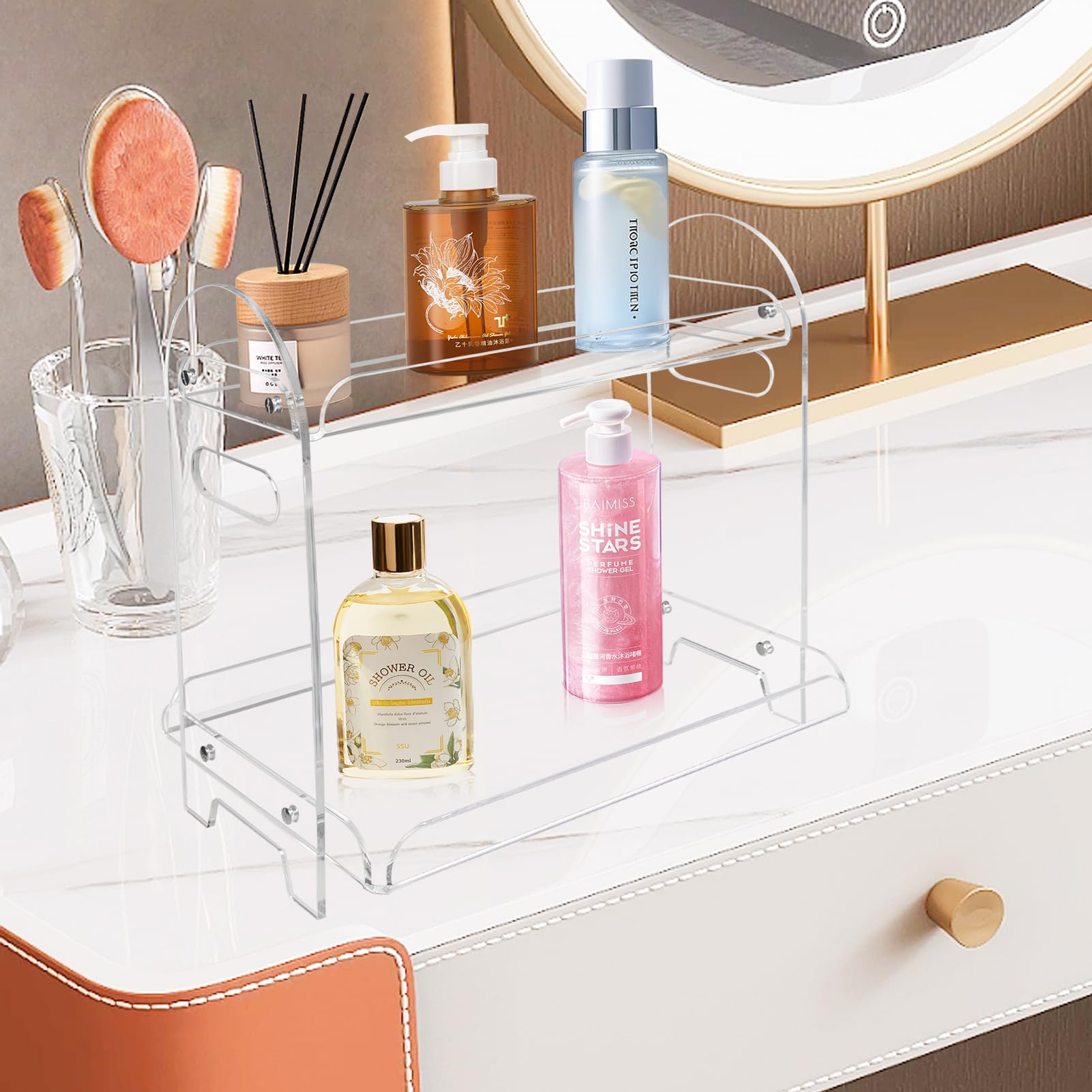 Beitiny Bathroom Counter Organizer, 2-Tier Corner Shelf, Acrylic Bathroom Storage Organizer Countertop Rack for Kitchen Spice Vanity Cosmetic Perfume Skincare, Clear