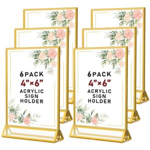 sareal 6 pack gold picture frames double sided, 4x6 inch clear easel table stands for signs, acrylic gold table number holders, gold frames for wedding table numbers, menu holder, gold photo frame