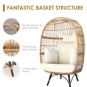 FINCATI Outdoor Indoor Egg Chair, 440lb PE Rattan Wicker Oversized Lounger Egg Basket Chair with Cushion, Patio Stationary Egg Chair for Bedroom Backyard Living Room Beige