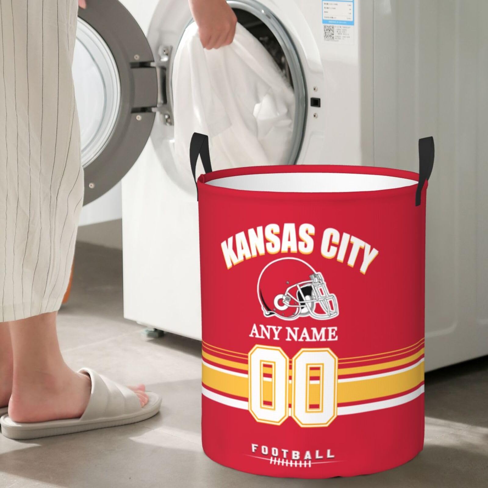 Kansas City Laundry Hamper, Personalized Football Style Laundry Basket, Custom Name and Number Collapsible Storage Basket with Handle Gift for Bedroom Bathroom