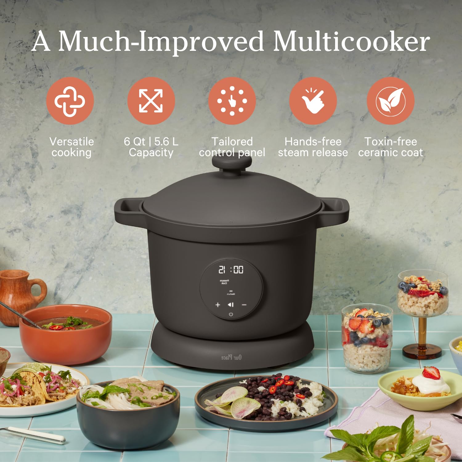 Our Place Dream Cooker | 6-quart Multicooker | 4 Versatile Modes | Pressure Cook, Slow Cook, Sear & Saute, Keep Warm | Hands-Free Steam Release | Tailored Control Panel | Char