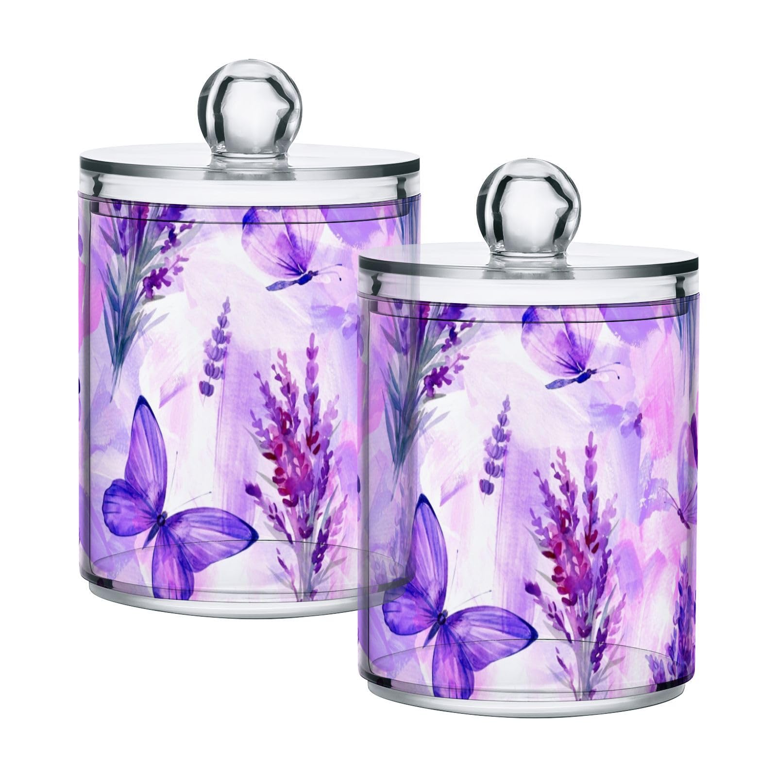 ALAZA 2 Pack Qtip Holder Dispenser for Cotton Ball Lavender Purple Wisteria Flower Cotton Swab Cotton Round Pads Clear Plastic Acrylic Jar Set Bathroom Canister