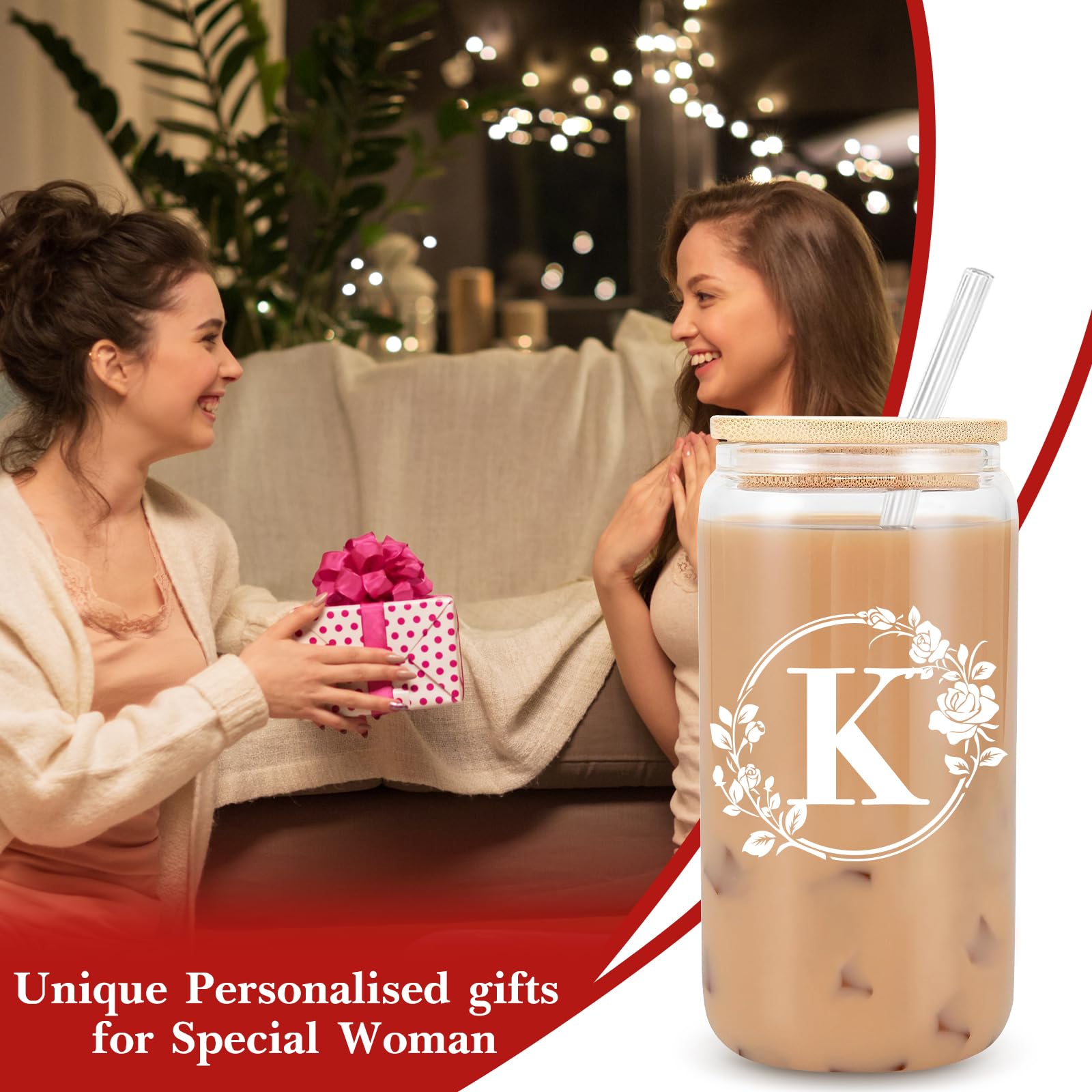 Birthday Gifts for Women, Monogrammed Initial Glass Cup Personalized Gifts for Women, 16oz Glass Cups with Lids and Straws, Iced Coffee Cup, Beer Can Shaped Glass - Personalized Christmas Gifts K