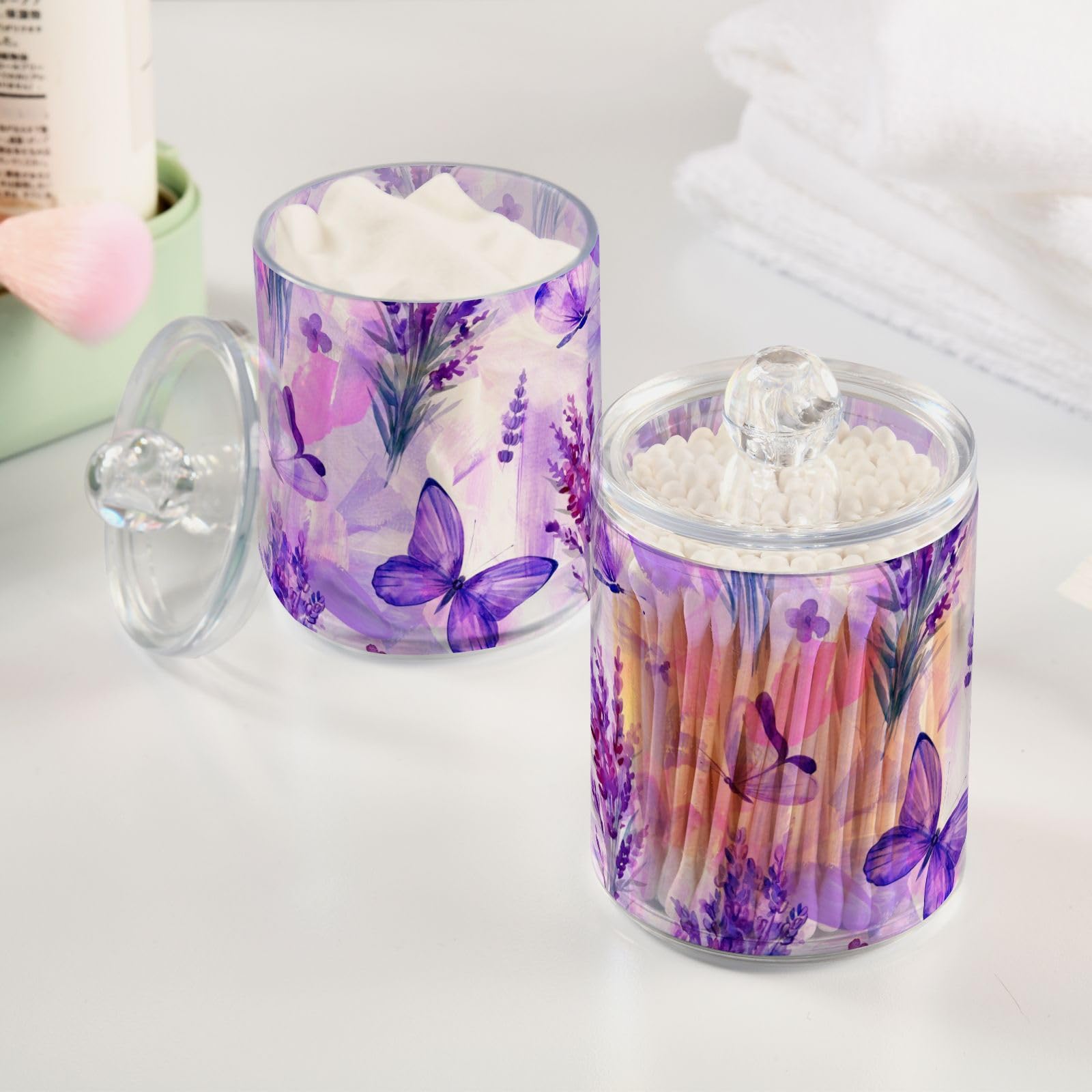 ALAZA 2 Pack Qtip Holder Dispenser for Cotton Ball Lavender Purple Wisteria Flower Cotton Swab Cotton Round Pads Clear Plastic Acrylic Jar Set Bathroom Canister