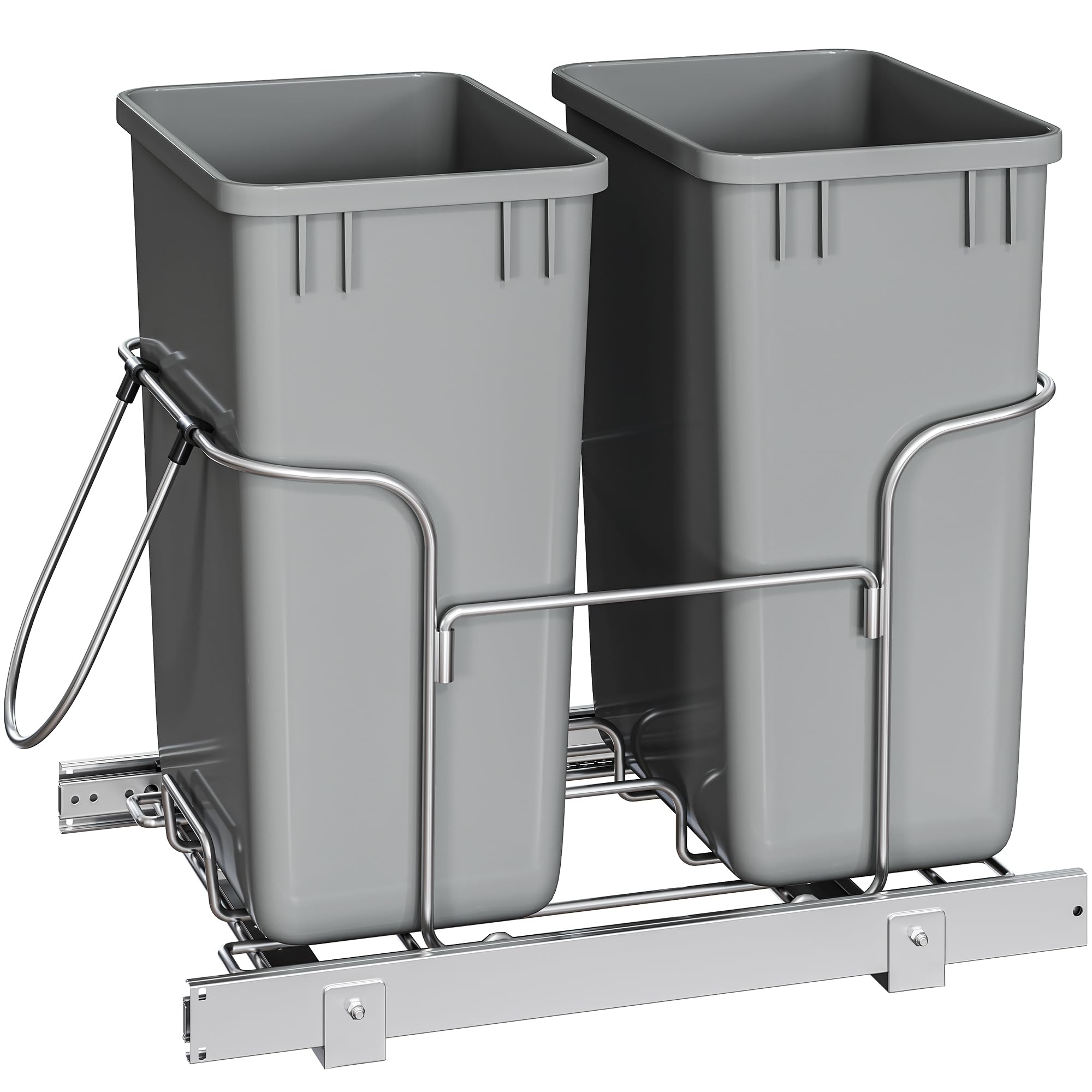 Double 32 Qt Pull-Out Trash Can Recycling Bin with Handle for 19.1" W x 24.8" D x 23.6" H Minimum Cabinets, Sliding Under Mount Kitchen Waste Garbage Container with Full-Extension Slides, Gray