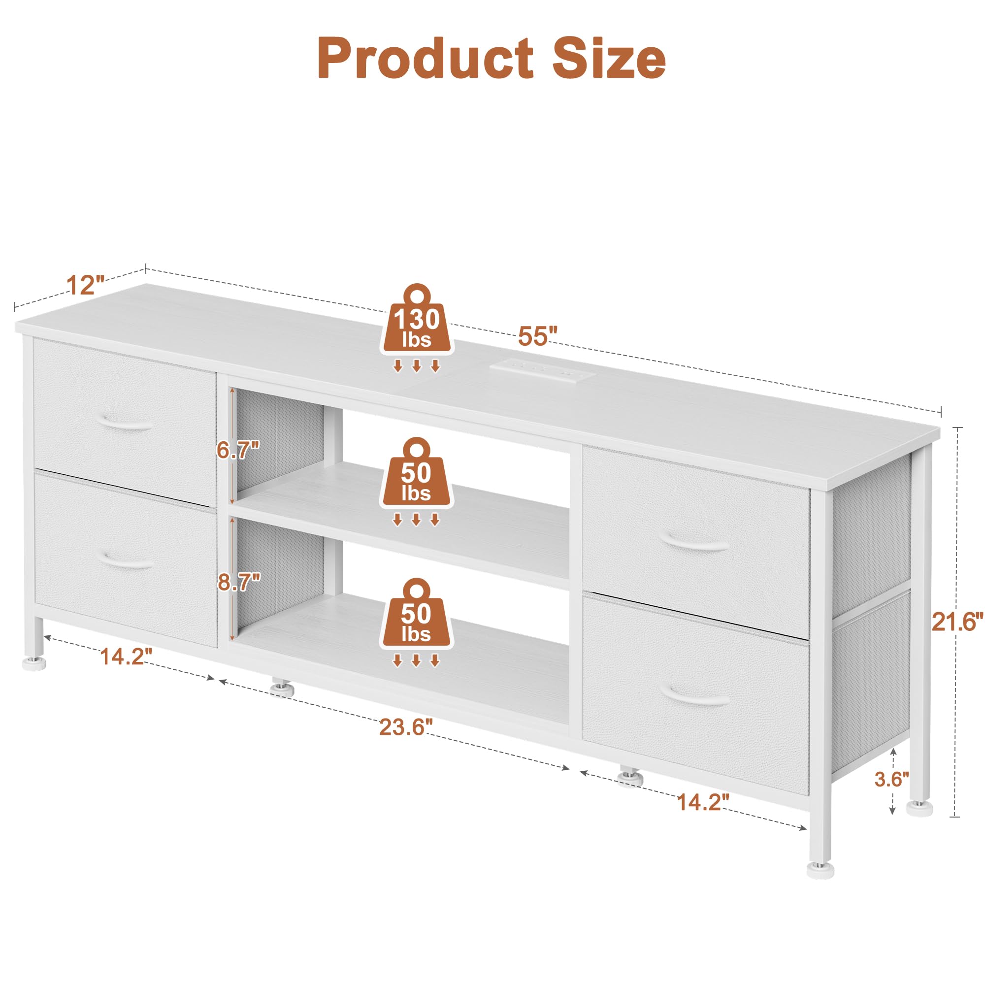 Lulive TV Stand Dresser for Bedroom with Power Outlet & Open Shelf, Media Console Table with 4 Fabric Drawers Storage Organizers (White, 50 Inch TV Stand)