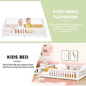 Full Size Floor Bed for Kids, Wood Montessori Bed with Slats, Safety Fence & Door, Playhouse Floor Bed Frame with Rails for Girls Boys Children Teens, White