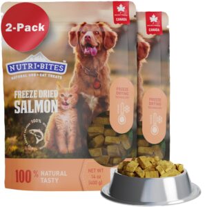 nutri bites freeze dried salmon dog food 2-pack: 28 oz total weight - single ingredient: wild salmon - protein & omega 3 pet supplement - use as kibble topper or dog treats for dogs - made in canada