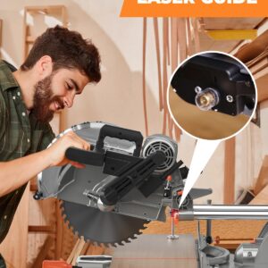 DWT Sliding Miter Saw, 12-inch Compound Miter Saw with Double Bevel Cutting(-45°/0°/+45°)/Laser Guide/9 Positive Stops/3800RPM, 15Amp Miter Saw with Extension Table, 4.2x13in Cutting Capacity-HM1247A