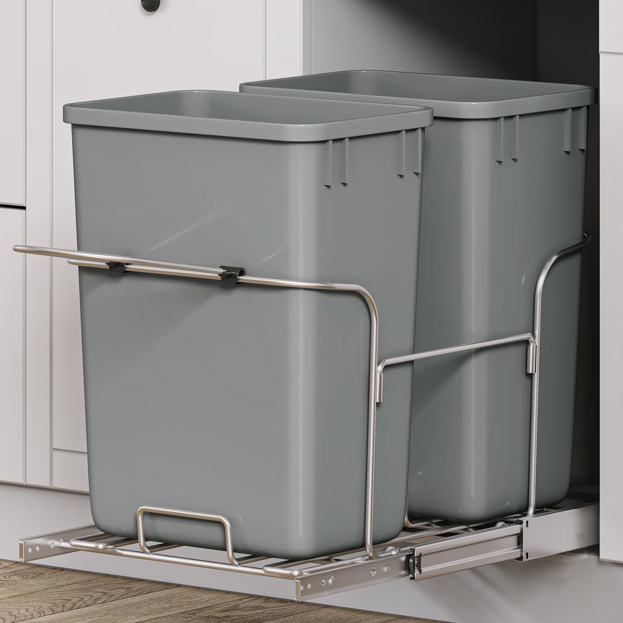 Double 32 Qt Pull-Out Trash Can Recycling Bin with Handle for 19.1" W x 24.8" D x 23.6" H Minimum Cabinets, Sliding Under Mount Kitchen Waste Garbage Container with Full-Extension Slides, Gray