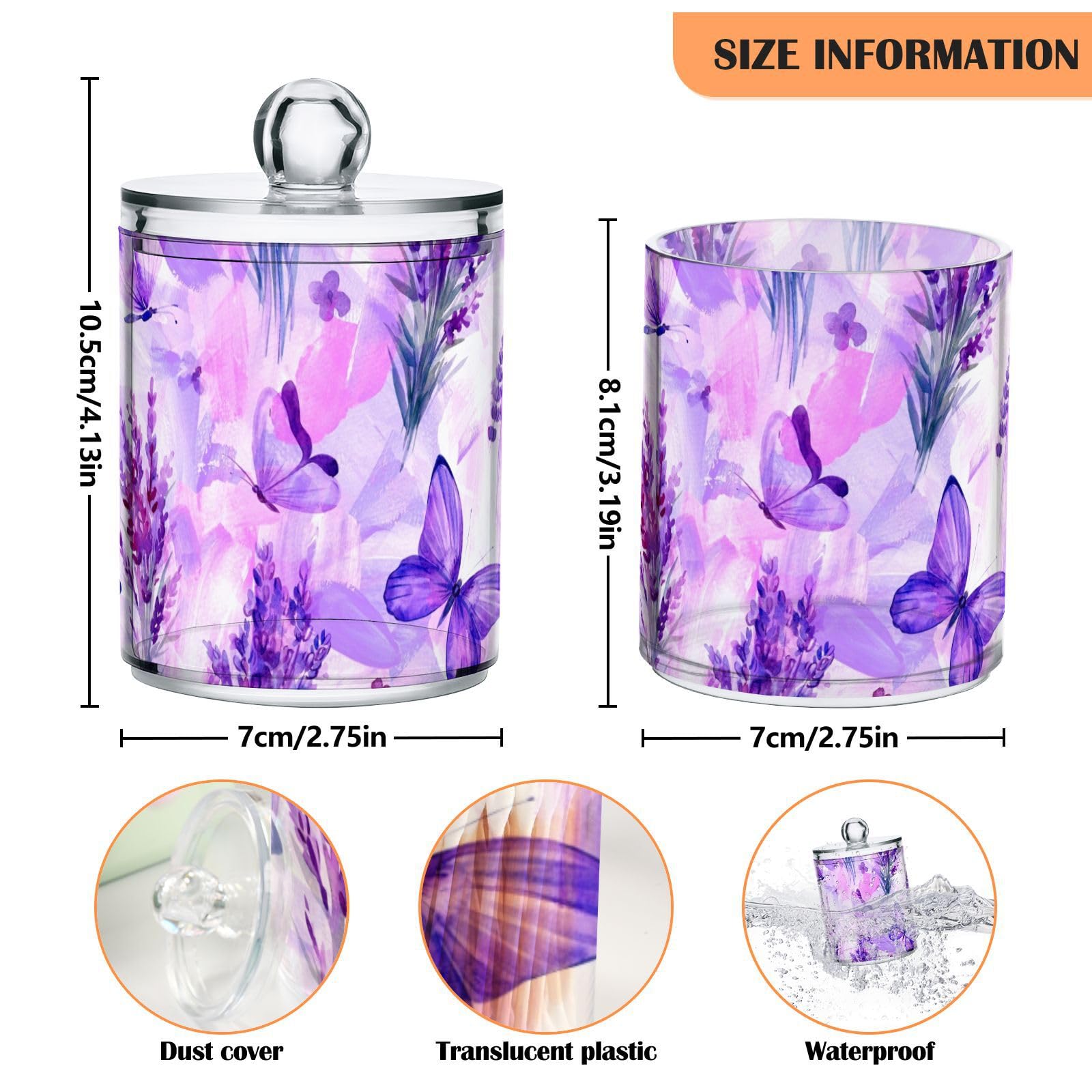 ALAZA 2 Pack Qtip Holder Dispenser for Cotton Ball Lavender Purple Wisteria Flower Cotton Swab Cotton Round Pads Clear Plastic Acrylic Jar Set Bathroom Canister