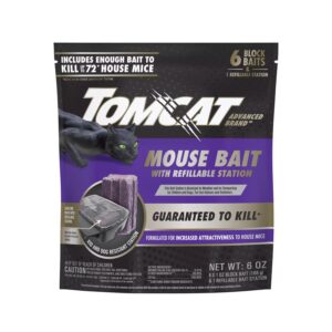 tomcat advanced brand mouse bait with refillable station, indoor and outdoor use, 1 station and 6 poison block refills