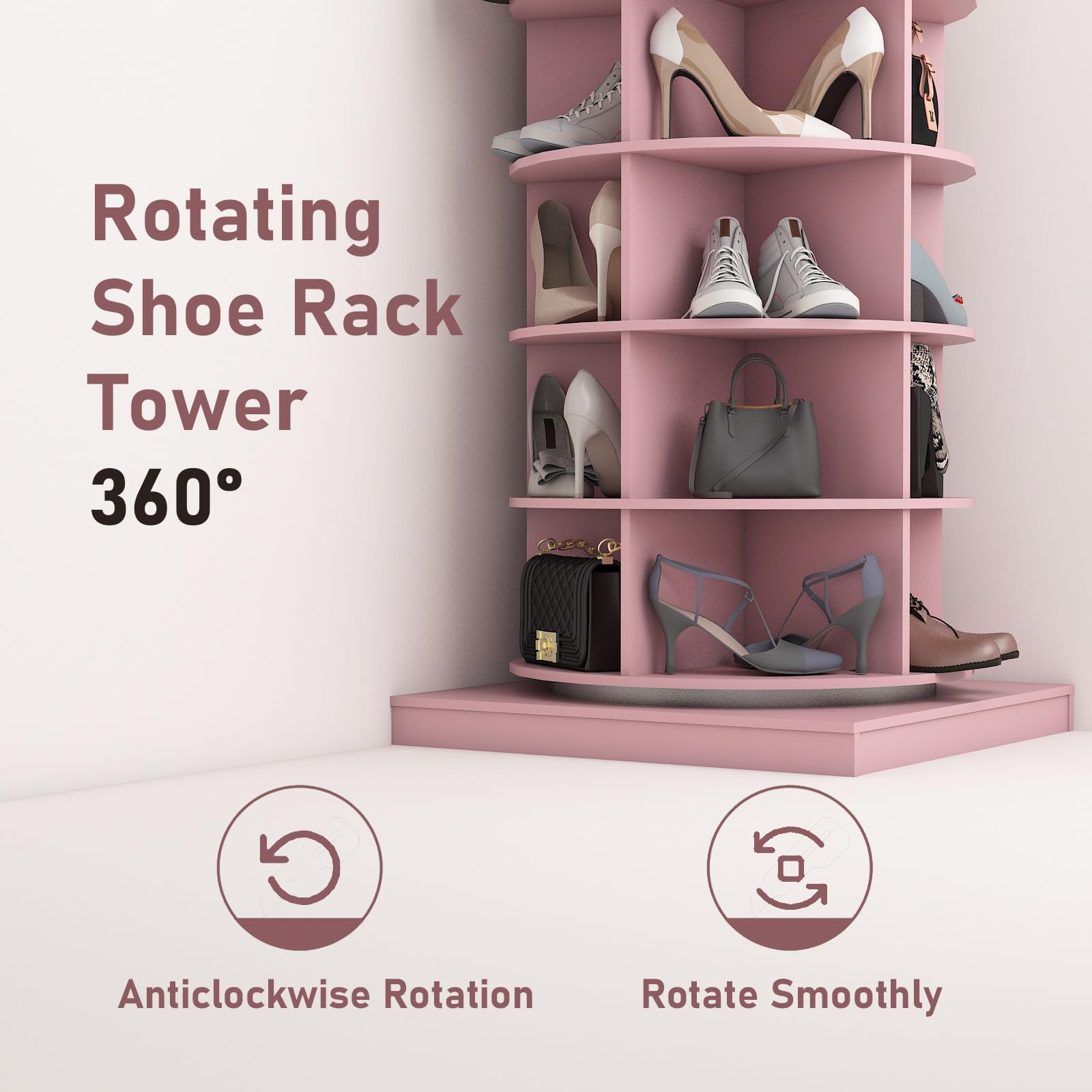 Maotifeys Rotating Shoe Rack Tower, 7-Tier Spinning Shoe Rack, Free Standing 360° Revolving Shoe Organizer Can Hold 28 Pairs of Shoes for Entryway Living Room Hallway (7-Tier, Pink)