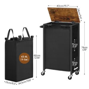 HOOBRO Slim Laundry Hamper with Lid, 11Gal Rolling Laundry Basket with Wheels, Laundry Sorter with Side Pockets and Handle, Oxford Fabric Bag, Space-Saving, Rustic Brown and Black BF24XY01G2