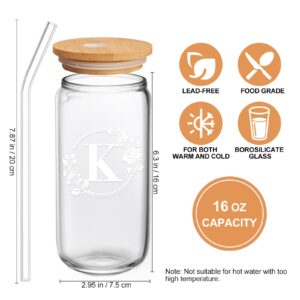 Birthday Gifts for Women, Monogrammed Initial Glass Cup Personalized Gifts for Women, 16oz Glass Cups with Lids and Straws, Iced Coffee Cup, Beer Can Shaped Glass - Personalized Christmas Gifts K