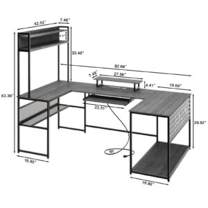 Halitaa 83 Inches U Shaped Desk with Power Outlet, L Shaped Office Desk with LED Lights and Monitor Stand, Reversible L-Shaped Computer Desk Suitable for Home Office, Corner, Gaming, Grey