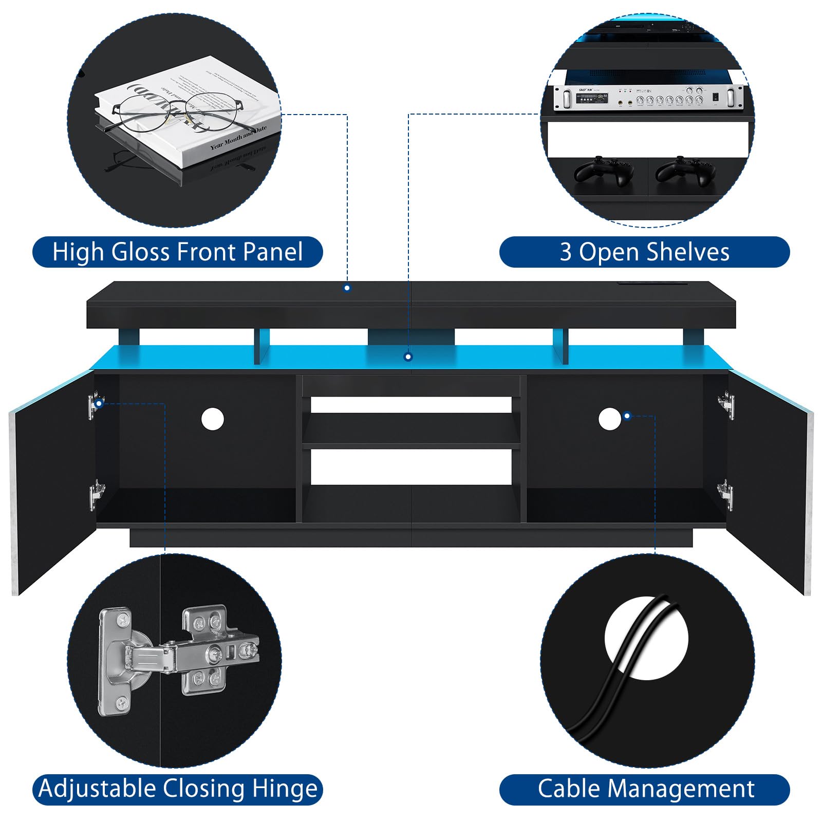 HOMMPA LED TV Stand with Power Outlets for 70/65/60/55 inch TV Modern Entertainment Center with Storage, Gaming TV Consoles with LED Lights Game Cabinet for Living Room Grey& Black