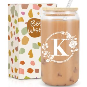 birthday gifts for women, monogrammed initial glass cup personalized gifts for women, 16oz glass cups with lids and straws, iced coffee cup, beer can shaped glass - personalized christmas gifts k