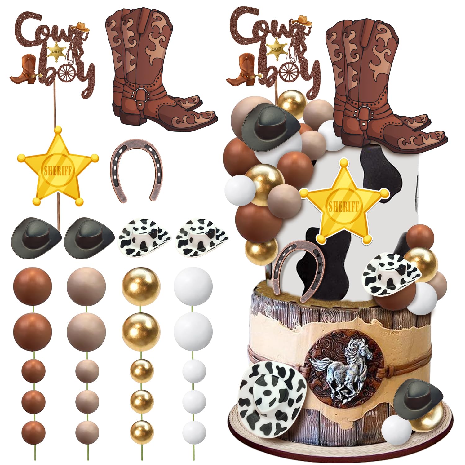 28 Pcs Cowboy Cake Decorations Cowboy Hat Boot Horseshoe Sheriff Badge Ball Cake Toppers Western Cowboy Birthday Baby Shower for Western Theme Party Favors Supplies