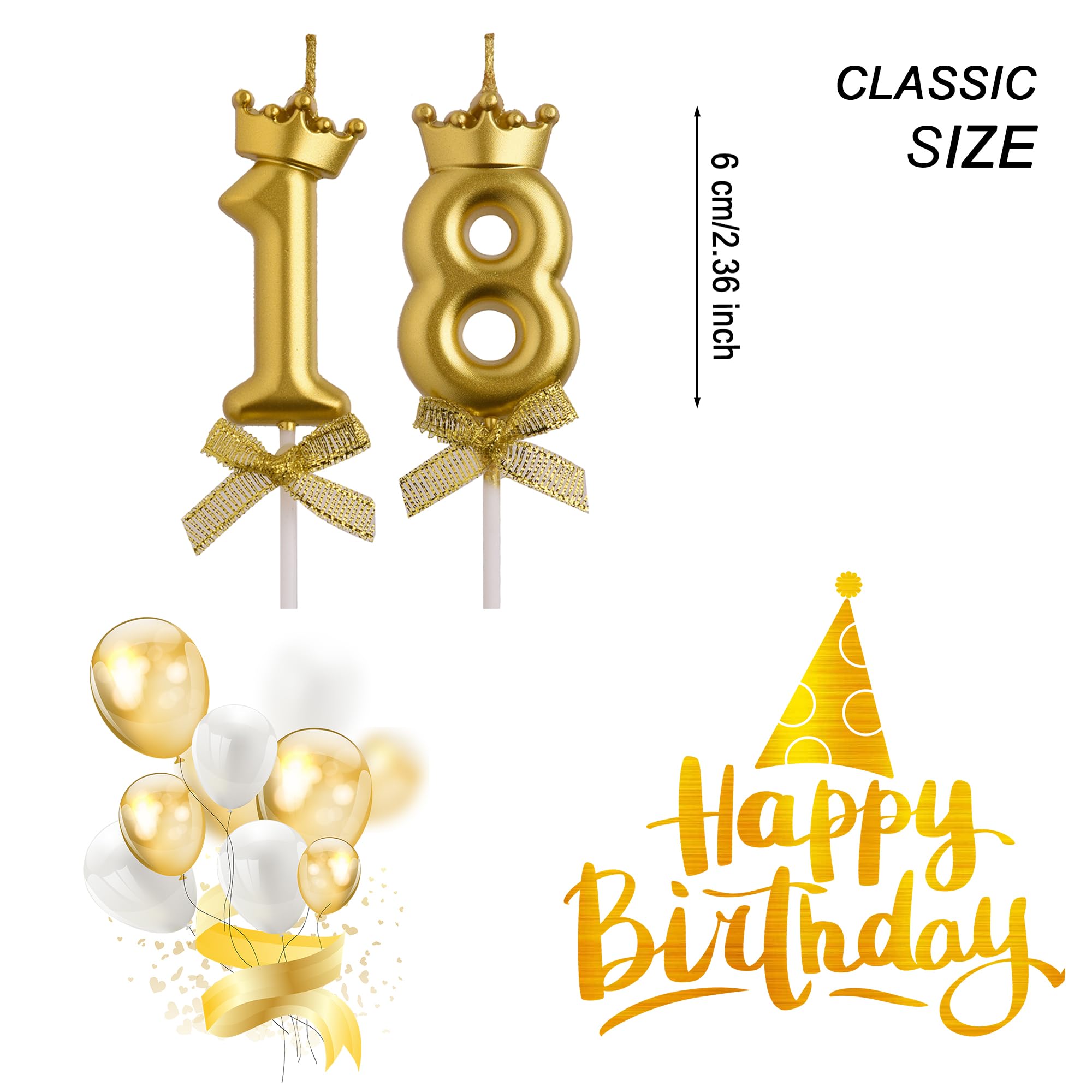 AOOLADA 18th Birthday Candles, Gold 3D Number 18 Happy Birthday Candles with Crown, Cake Topper Decorations for Teenagers Boys Girls