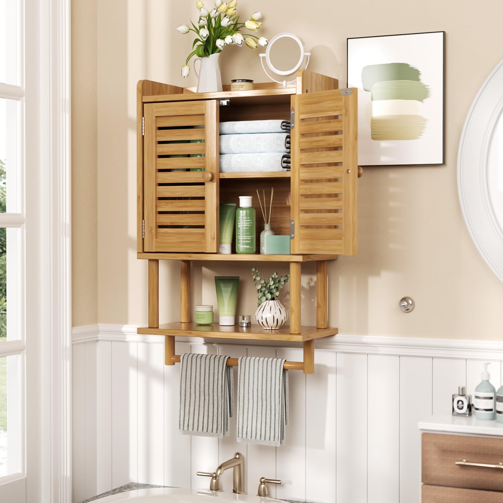 AmazerBath Bathroom Wall Cabinets, Bamboo Medicine Cabinets with Towel Bar, Wall Mounted Storage Cabinet with Adjustable Shelves, 2 Doors Over The Toilet Storage for Small Spaces,8.3x16.5x26.6 Inches