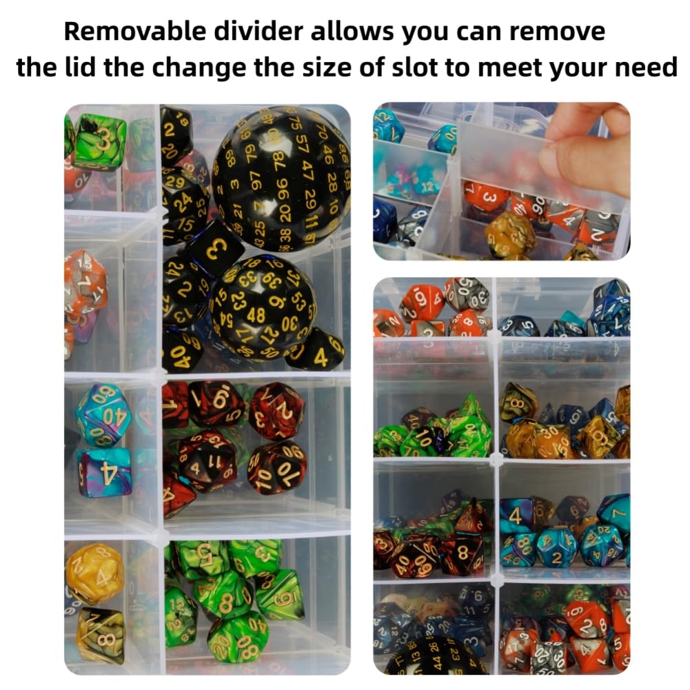 PUGED DND Dice Storage Box with Removable Dividers Polyhedral Dice Plastic Organizer Holding Up To 1200 Dices Craft Bead Compartment Container for Sewing, Jewelry, Art, DIY