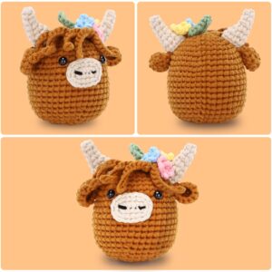 Crochet Kit for Beginners: Highland Cow Crochet Kit, Starter Crochet Kit, Include Easy Knitting Soft Yarn, Step-by-Step Video Tutorial, Hook, Birthday Gift for Adults and Kids(30%+ Yarn)