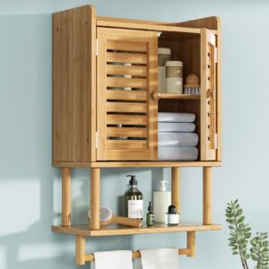 amazerbath bathroom wall cabinets, bamboo medicine cabinets with towel bar, wall mounted storage cabinet with adjustable shelves, 2 doors over the toilet storage for small spaces,8.3x16.5x26.6 inches