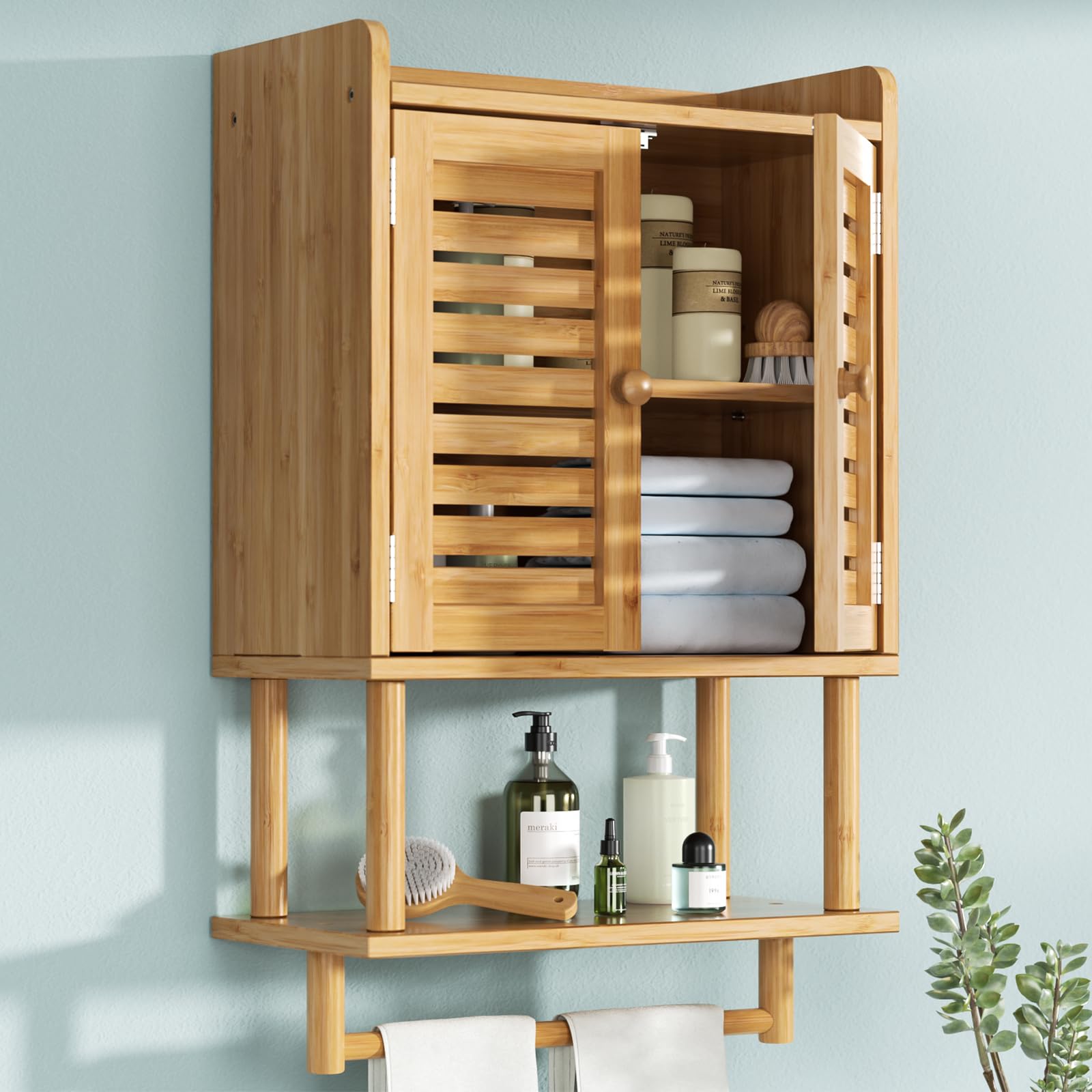 AmazerBath Bathroom Wall Cabinets, Bamboo Medicine Cabinets with Towel Bar, Wall Mounted Storage Cabinet with Adjustable Shelves, 2 Doors Over The Toilet Storage for Small Spaces,8.3x16.5x26.6 Inches