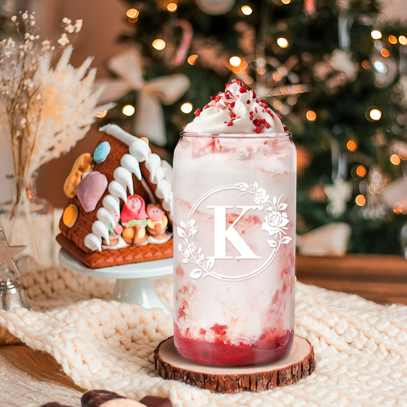 Birthday Gifts for Women, Monogrammed Initial Glass Cup Personalized Gifts for Women, 16oz Glass Cups with Lids and Straws, Iced Coffee Cup, Beer Can Shaped Glass - Personalized Christmas Gifts K