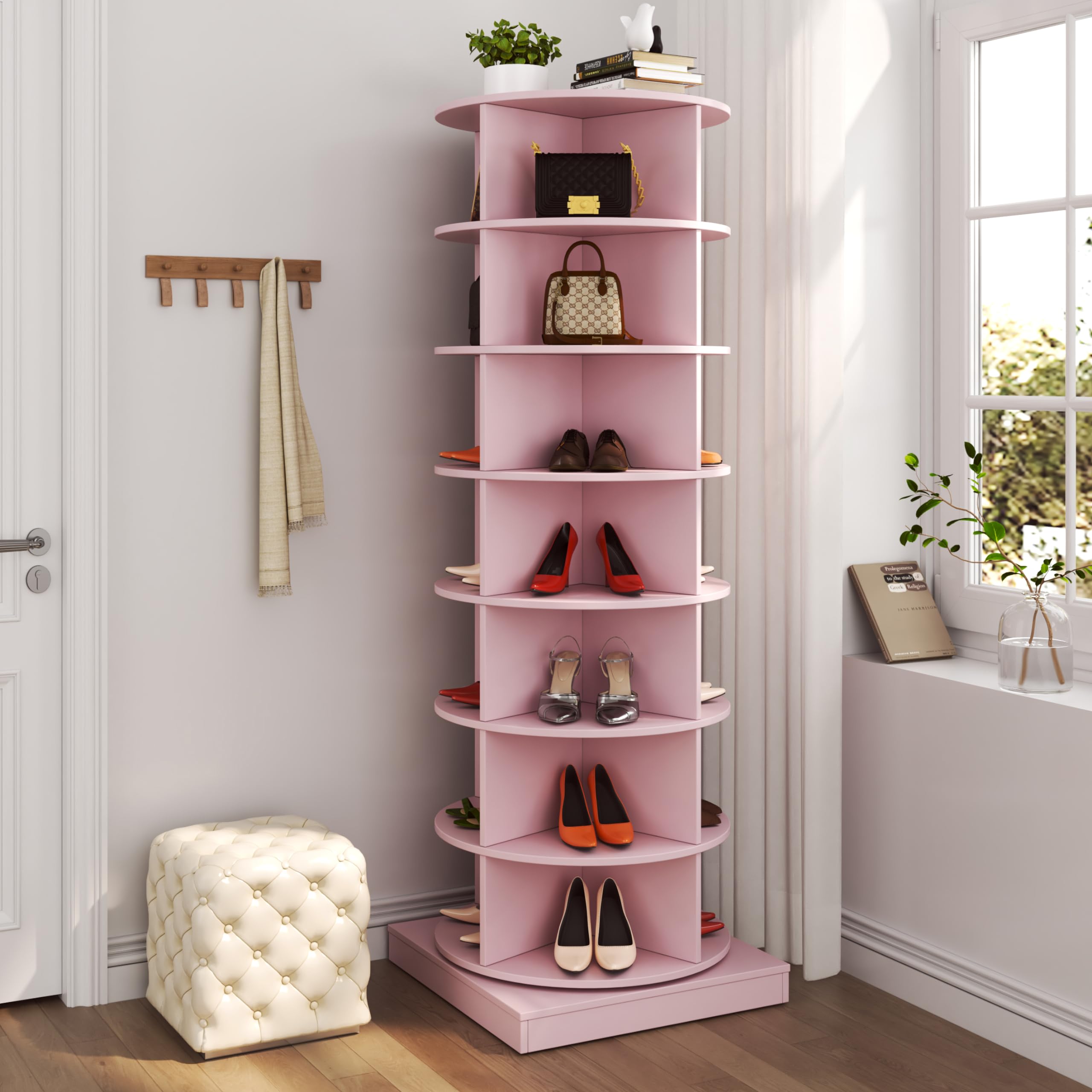 Maotifeys Rotating Shoe Rack Tower, 7-Tier Spinning Shoe Rack, Free Standing 360° Revolving Shoe Organizer Can Hold 28 Pairs of Shoes for Entryway Living Room Hallway (7-Tier, Pink)