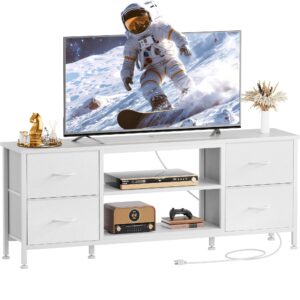 lulive tv stand dresser for bedroom with power outlet & open shelf, media console table with 4 fabric drawers storage organizers (white, 50 inch tv stand)