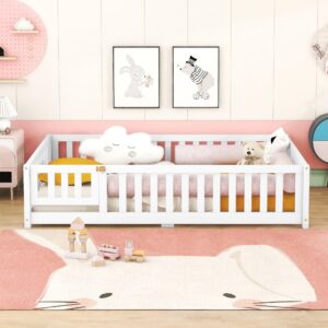 Full Size Floor Bed for Kids, Wood Montessori Bed with Slats, Safety Fence & Door, Playhouse Floor Bed Frame with Rails for Girls Boys Children Teens, White