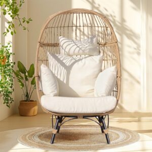 fincati outdoor indoor egg chair, 440lb pe rattan wicker oversized lounger egg basket chair with cushion, patio stationary egg chair for bedroom backyard living room beige