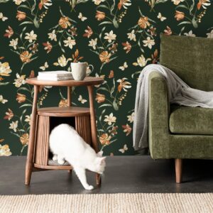 Dimoon 78.7"x16.1" Floral Wallpaper Peel and Stick Dark Green Contact Paper Golden Thicken Waterproof Leaf Flower Vintage Self Adhesive Removable Wallpaper for Bedroom Shelf Liner Decal Vinyl Roll