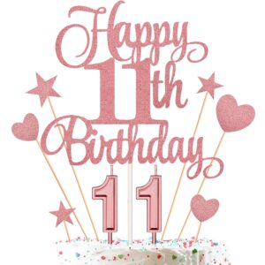 11th birthday cake decorations set include 11th birthday candles numeral 11 cake candles and happy 11th birthday cake toppers with heart star cupcake picks for birthday party (rose gold series)