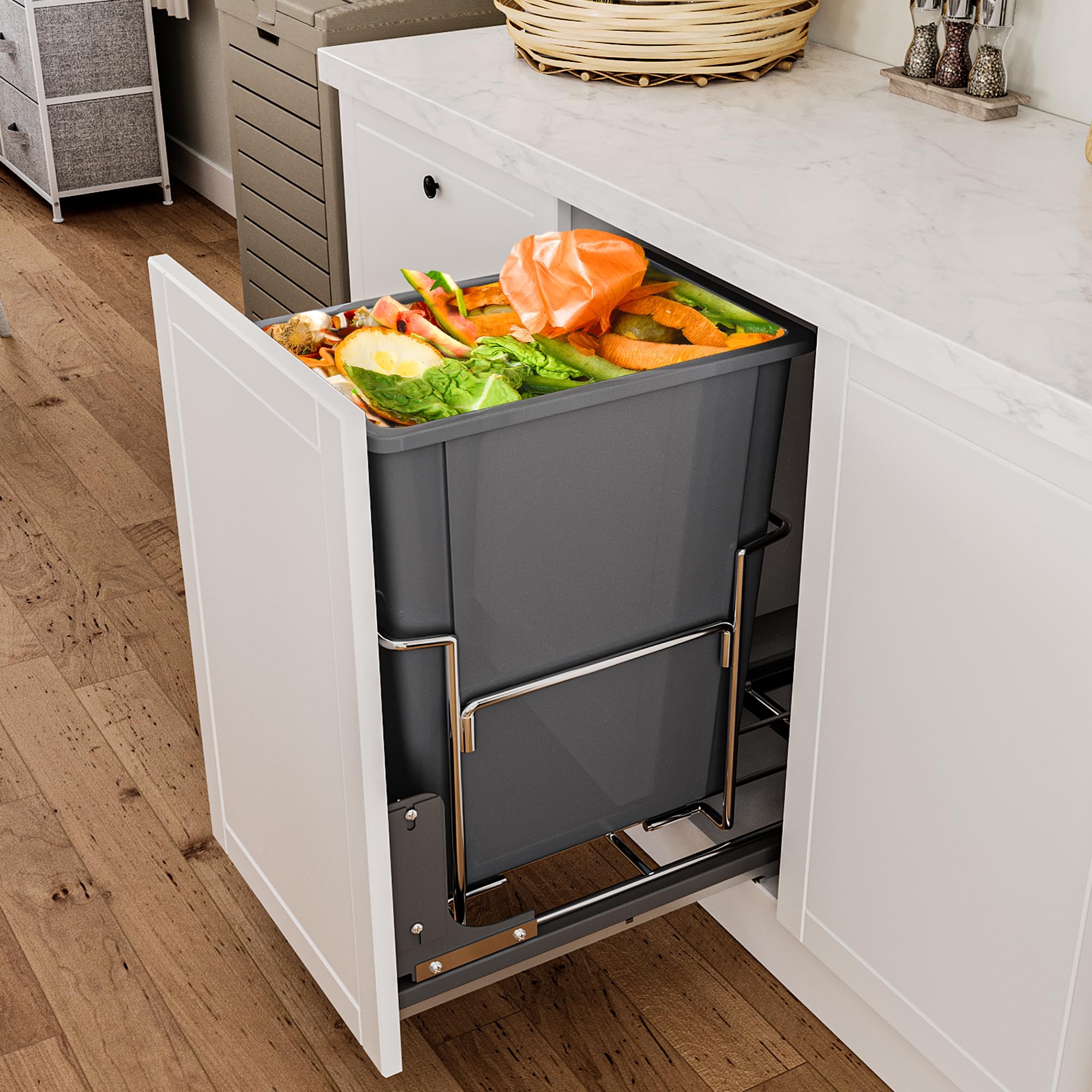 37-Quart (L) Pull-Out Trash Can with Soft Close for 14" W x 24.8" D x 25" H Min Cabinets, Sliding Under Mount Kitchen Pullout Waste Container Trash Can, Gray