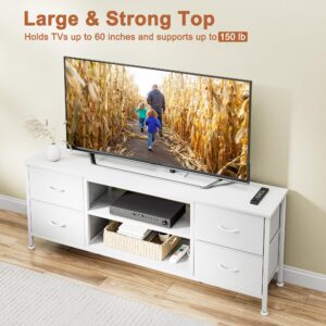 Lulive TV Stand Dresser for Bedroom with Power Outlet & Open Shelf, Media Console Table with 4 Fabric Drawers Storage Organizers (White, 50 Inch TV Stand)