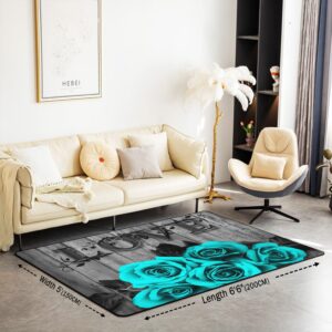 Erosebridal Turquoise Grey Carpet Teal Rose Flowers Area Rugs 5x7 for Bedside for Girls Men Women Valentine's Day Wedding Living Room Rug Gifts for Couple Lover,Country Rose Floral Indoor Floor Mat