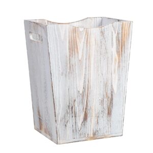 HiddenHomeWor Farmhouse Style Wood wastebaskets Rustic Trash Can with Two Cutout Handles Waste Bin for Bedroom,Living Room, Bathroom & Office Kithen Garbage Container (Washed White)