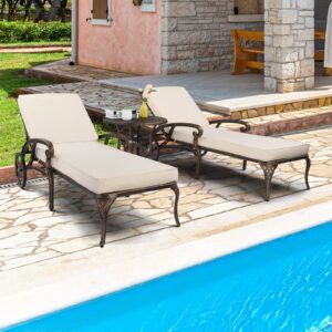 VINGLI Cast Aluminum Outdoor Chaise Lounge Chairs with Wheels, Patio Chaise Lounge with 3-Position Adjustable Backrest, Patio Lounge Chairs Set of 2 for Pool, Patio (2 PCS, Bronze, with Cushion)