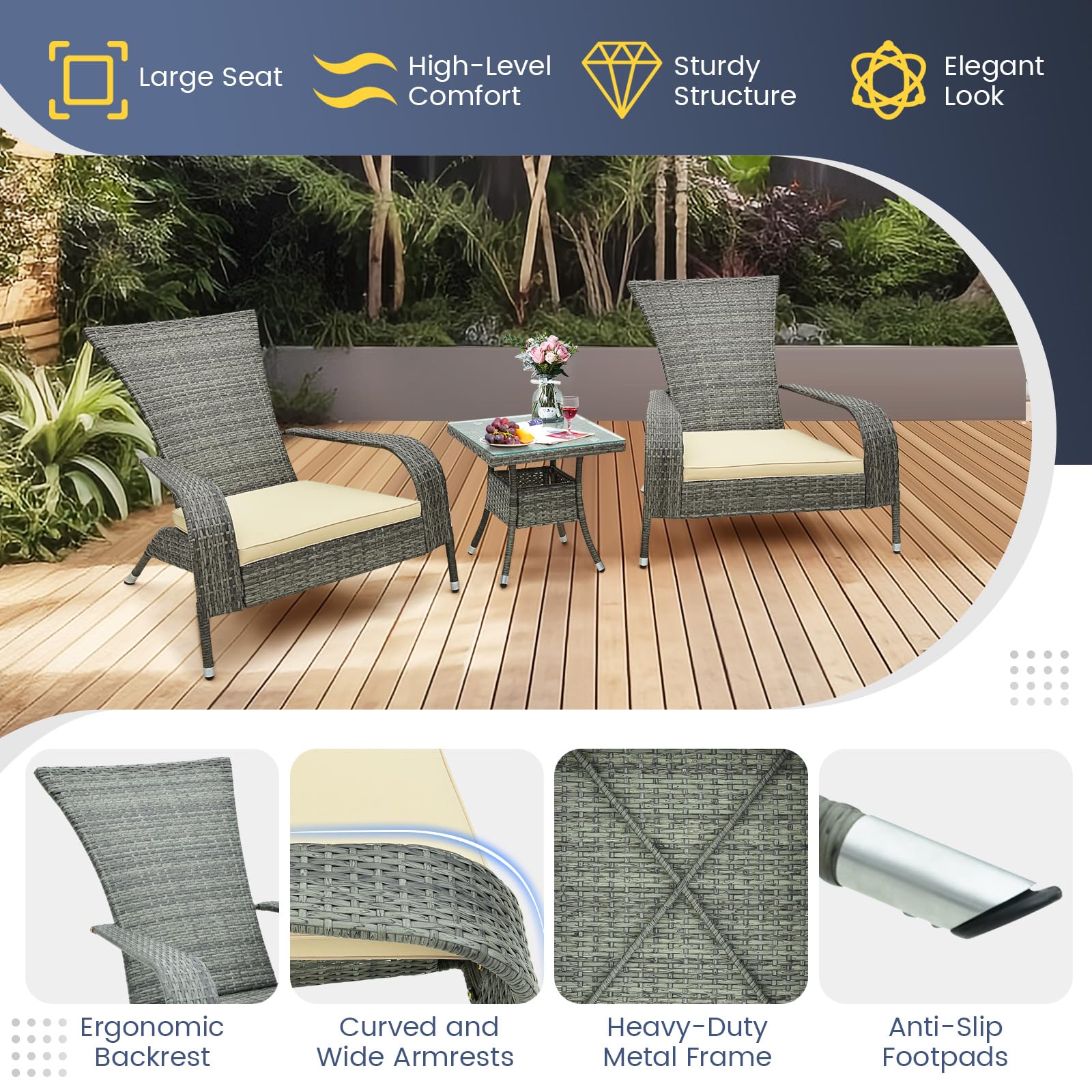 Tangkula 3-Piece Wicker Adirondack Set, Ergonomic Oversized Rattan Chairs w/Coffee Table, Comfy Seat Cushions, Tempered Glass Tabletop, Patio Wicker Conversation Set for Porch (Wicker, 3-pc)