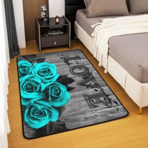 Erosebridal Turquoise Grey Carpet Teal Rose Flowers Area Rugs 5x7 for Bedside for Girls Men Women Valentine's Day Wedding Living Room Rug Gifts for Couple Lover,Country Rose Floral Indoor Floor Mat